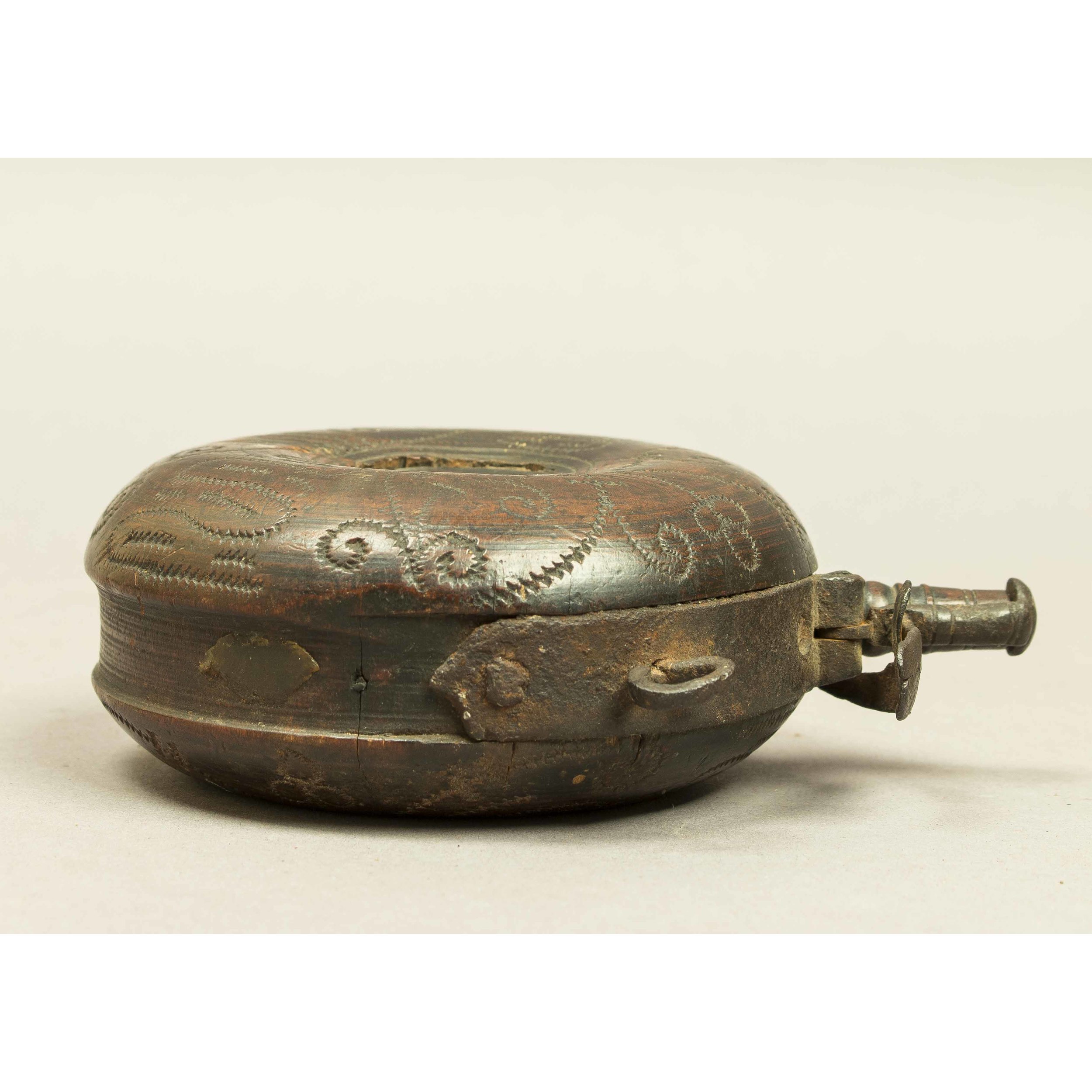 Antique Round Wooden Powder Flask | Witherell's Auction House