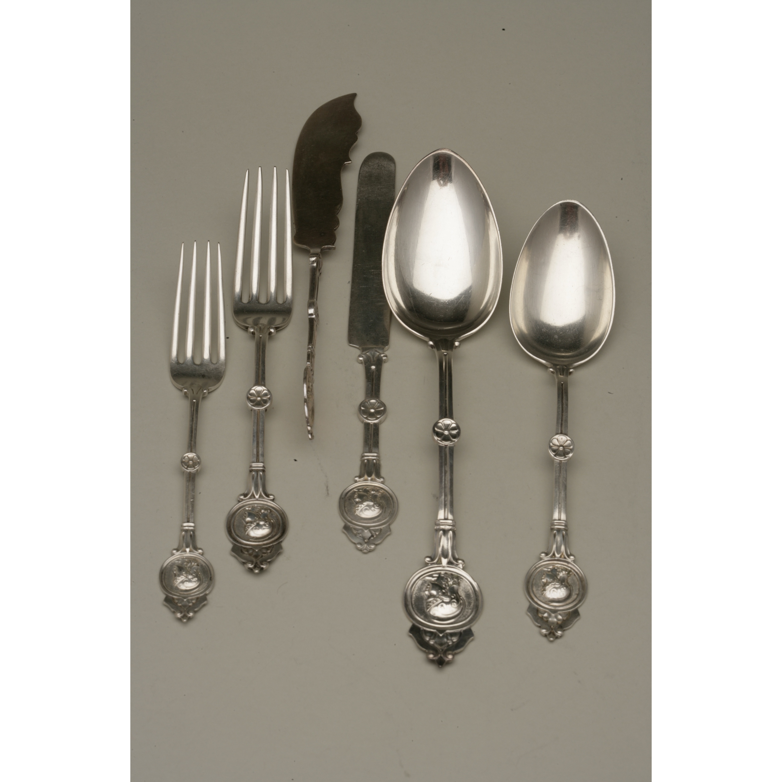 Thirty Three Pieces Assorted Coin Silver Flatware, Medallion Pattern ...