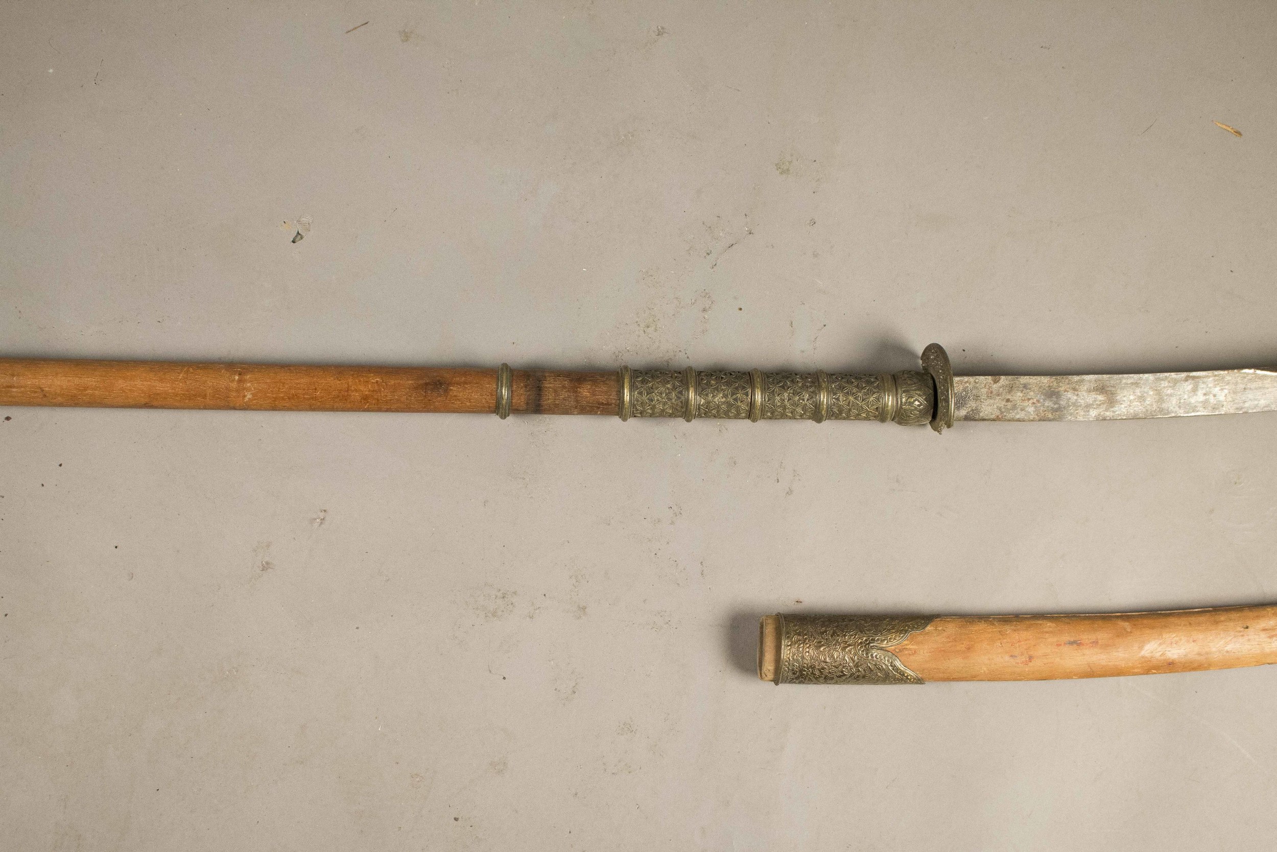 A Chinese Pole Arm, Guandao, with extensive decoration on the haft ...