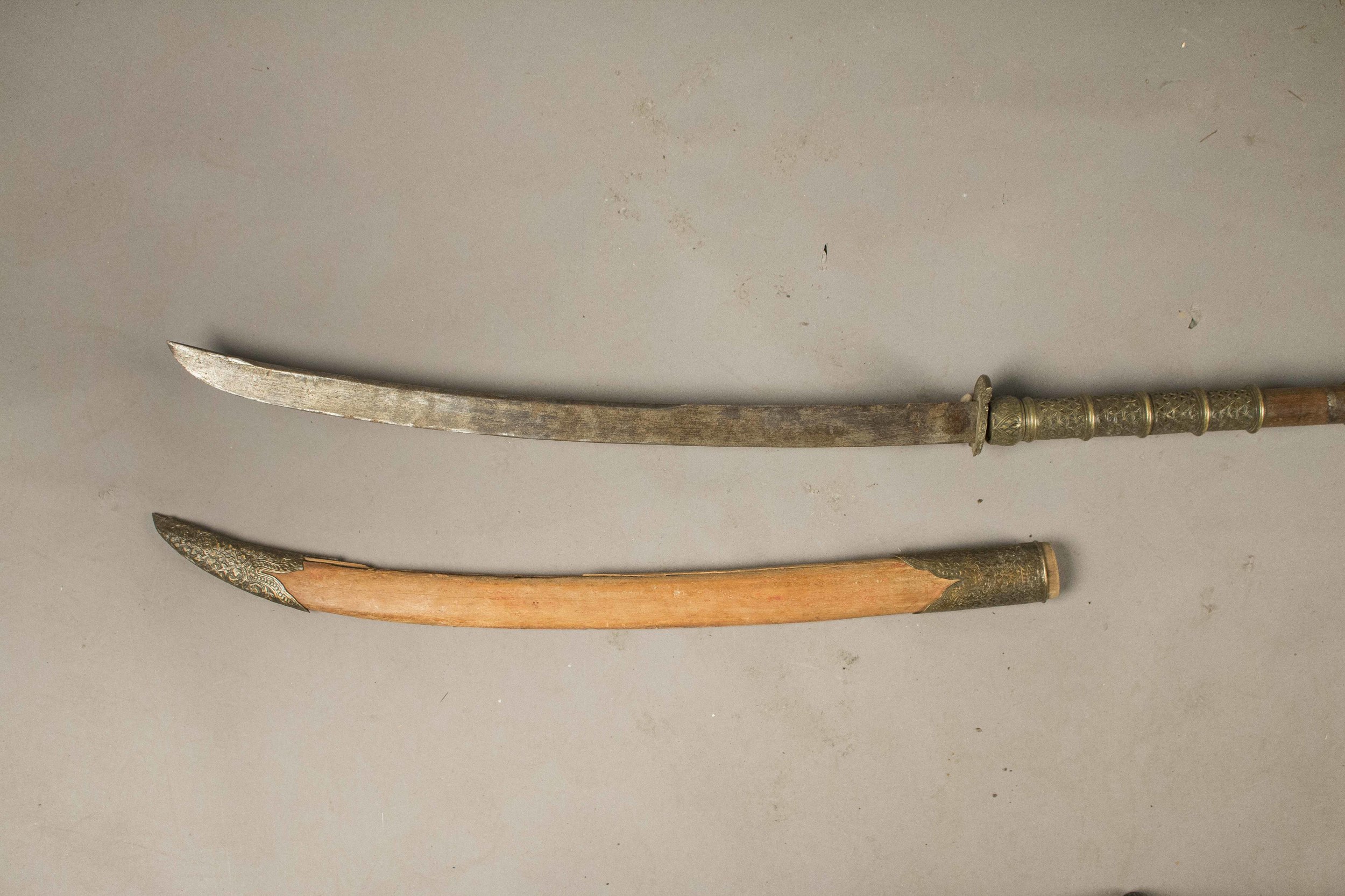 A Chinese Pole Arm, Guandao, with extensive decoration on the haft ...