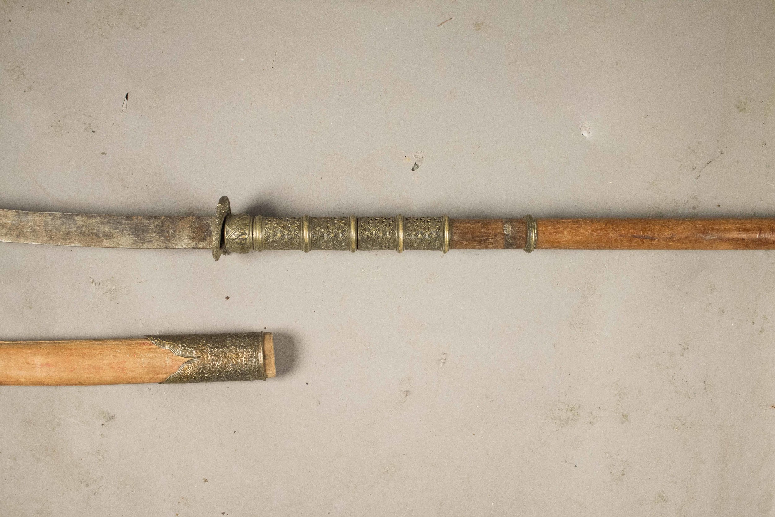 A Chinese Pole Arm, Guandao, with extensive decoration on the haft ...