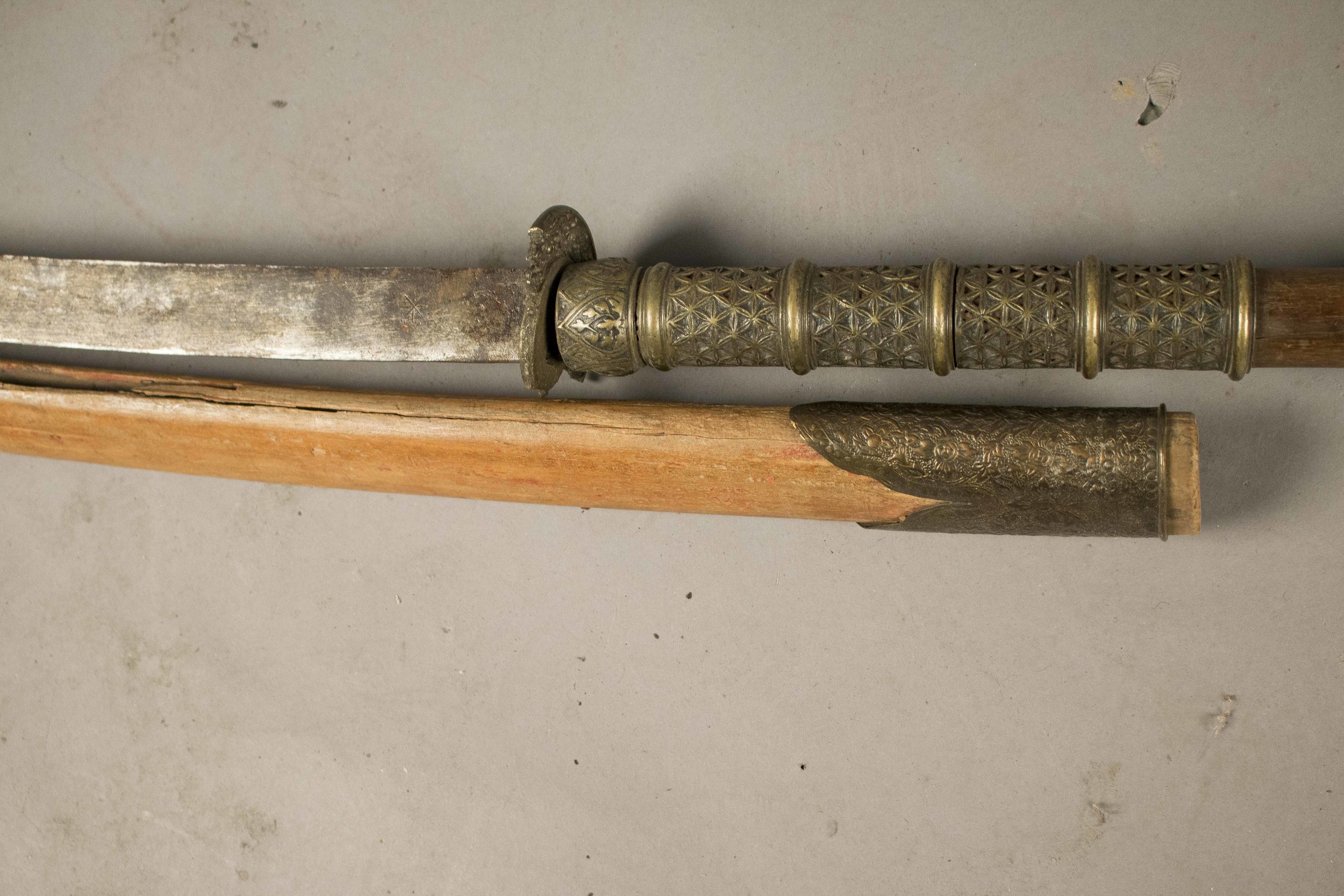 A Chinese Pole Arm, Guandao, with extensive decoration on the haft ...