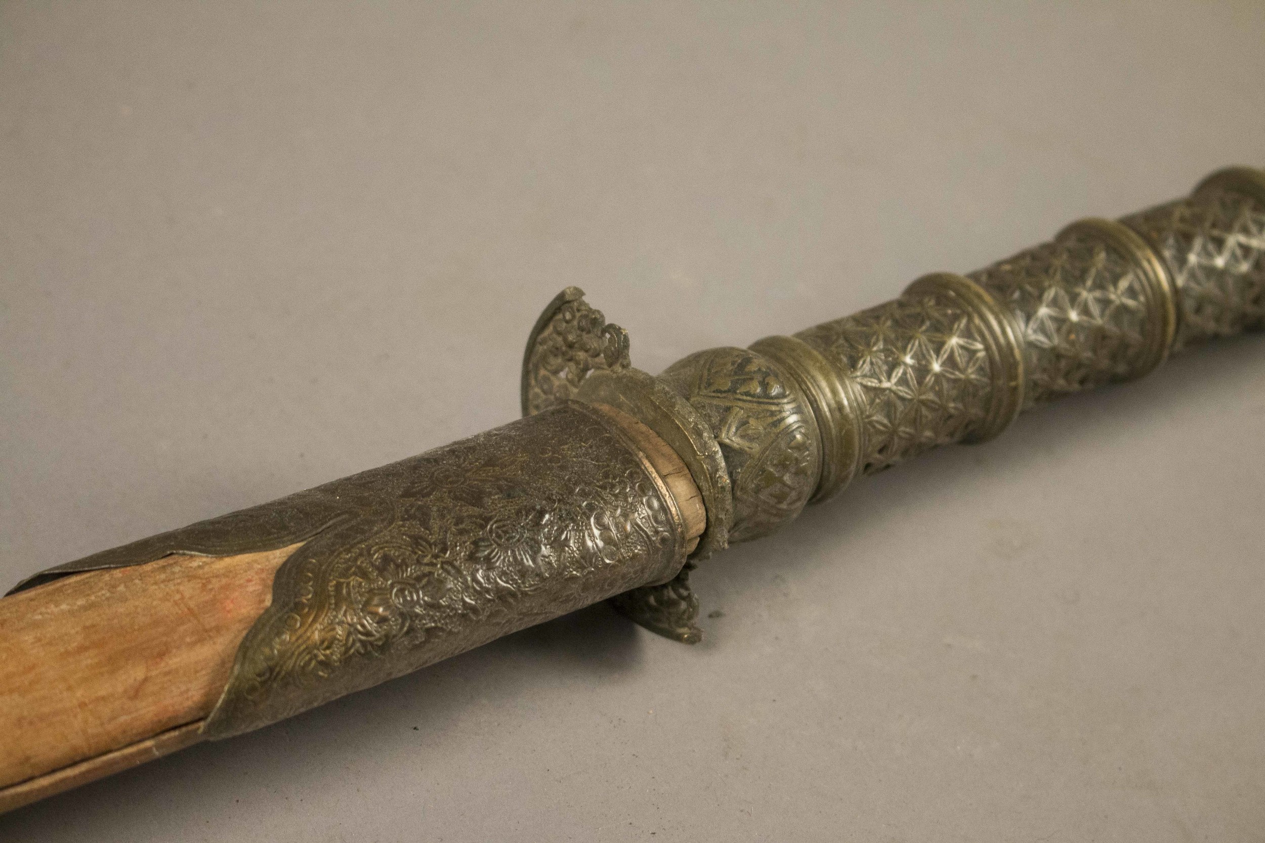 A Chinese Pole Arm, Guandao, with extensive decoration on the haft ...