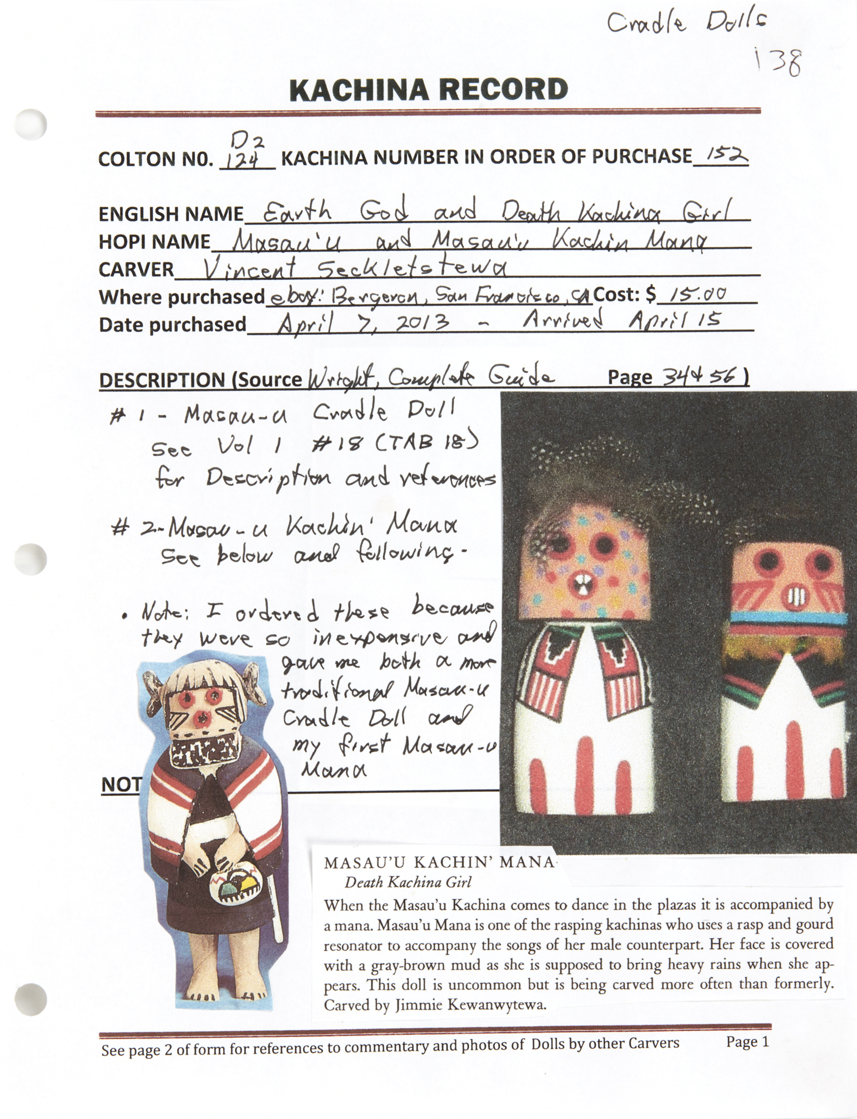 Hopi Earth God and Death Kachina Girl "Masau'u, Masau'u Kachin Mana ...