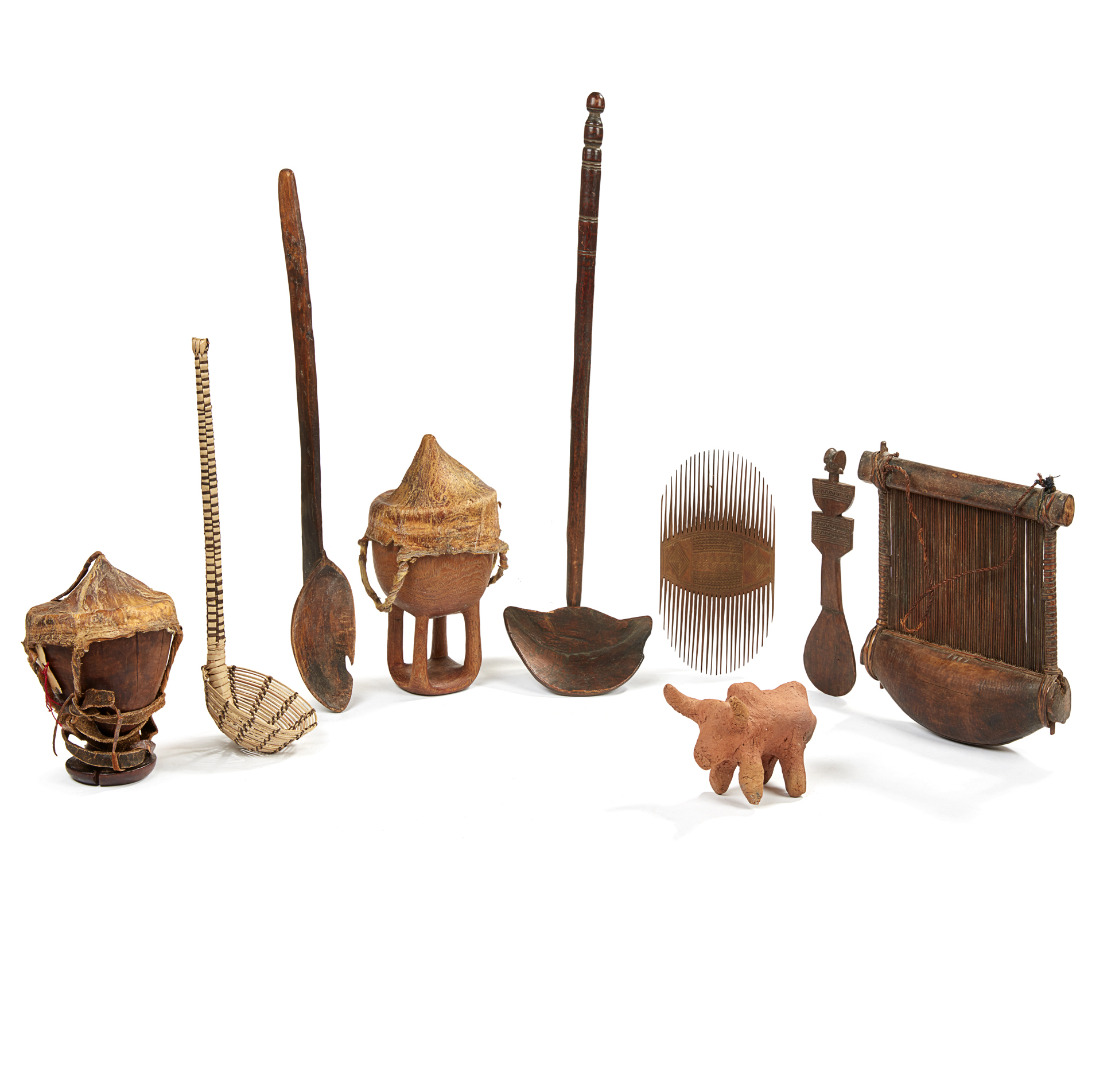 Two Borana, Kenya Wood Cups, Ashanti Weaving Tool, Somalia Comb, Four ...