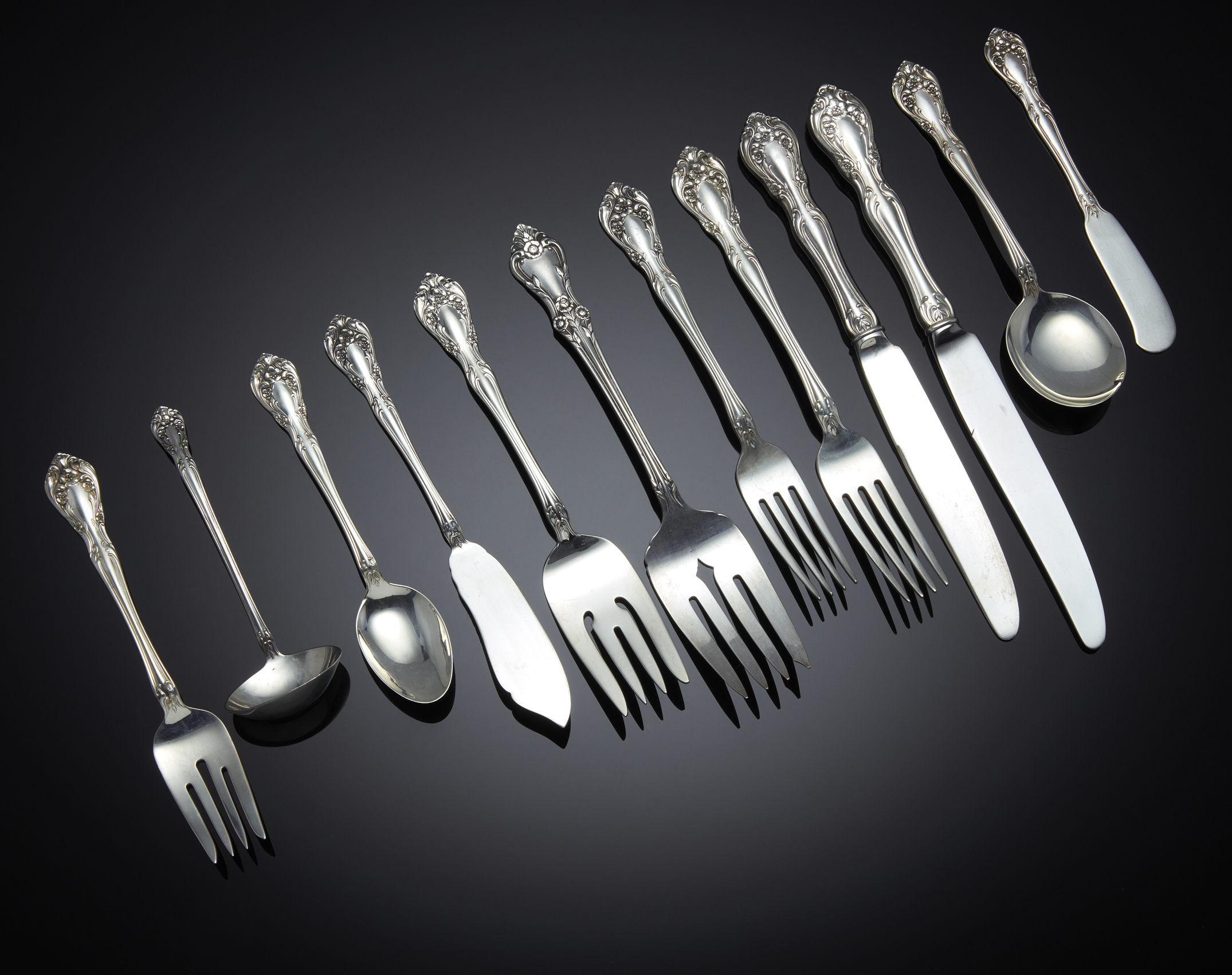 108 Piece Alvin Sterling Flatware, Chateau Rose Pattern, 91.5 ozt ...