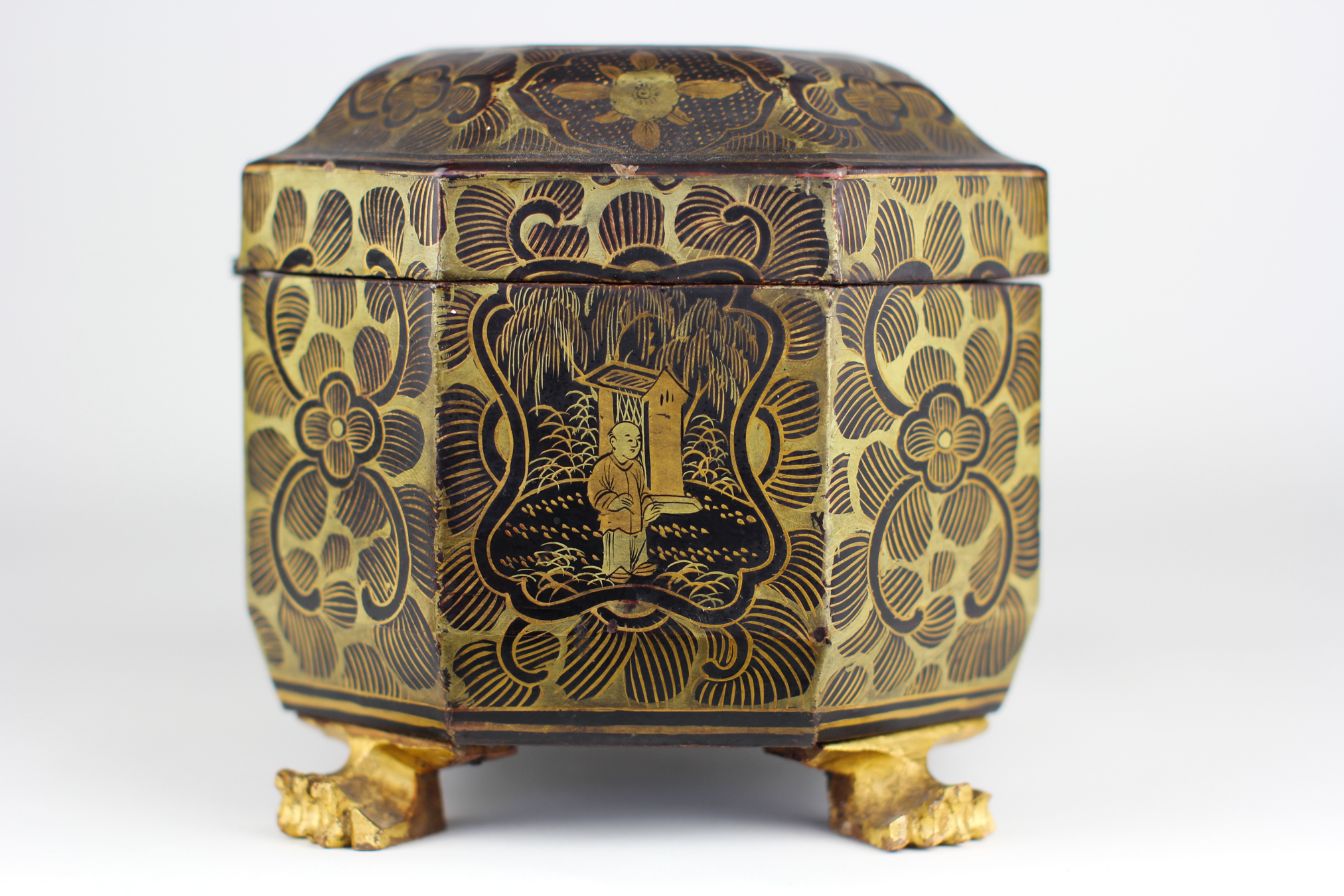 Small Vintage Octagonal Black and Gilt Lacquer Chinese Tea Caddy ...