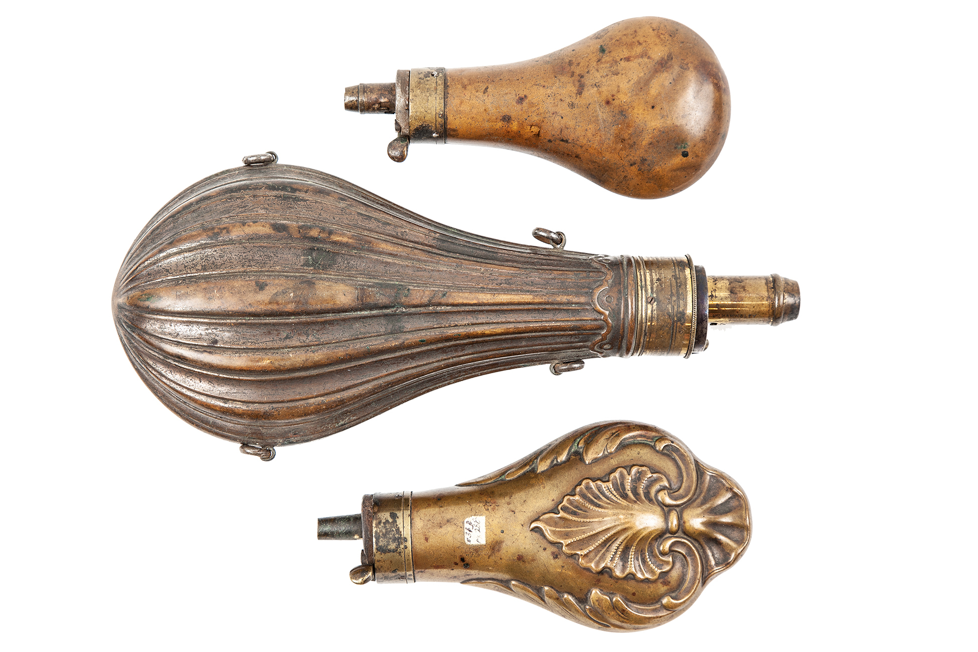 3 Large & Medium Antique Powder Flasks | Witherell's Auction House