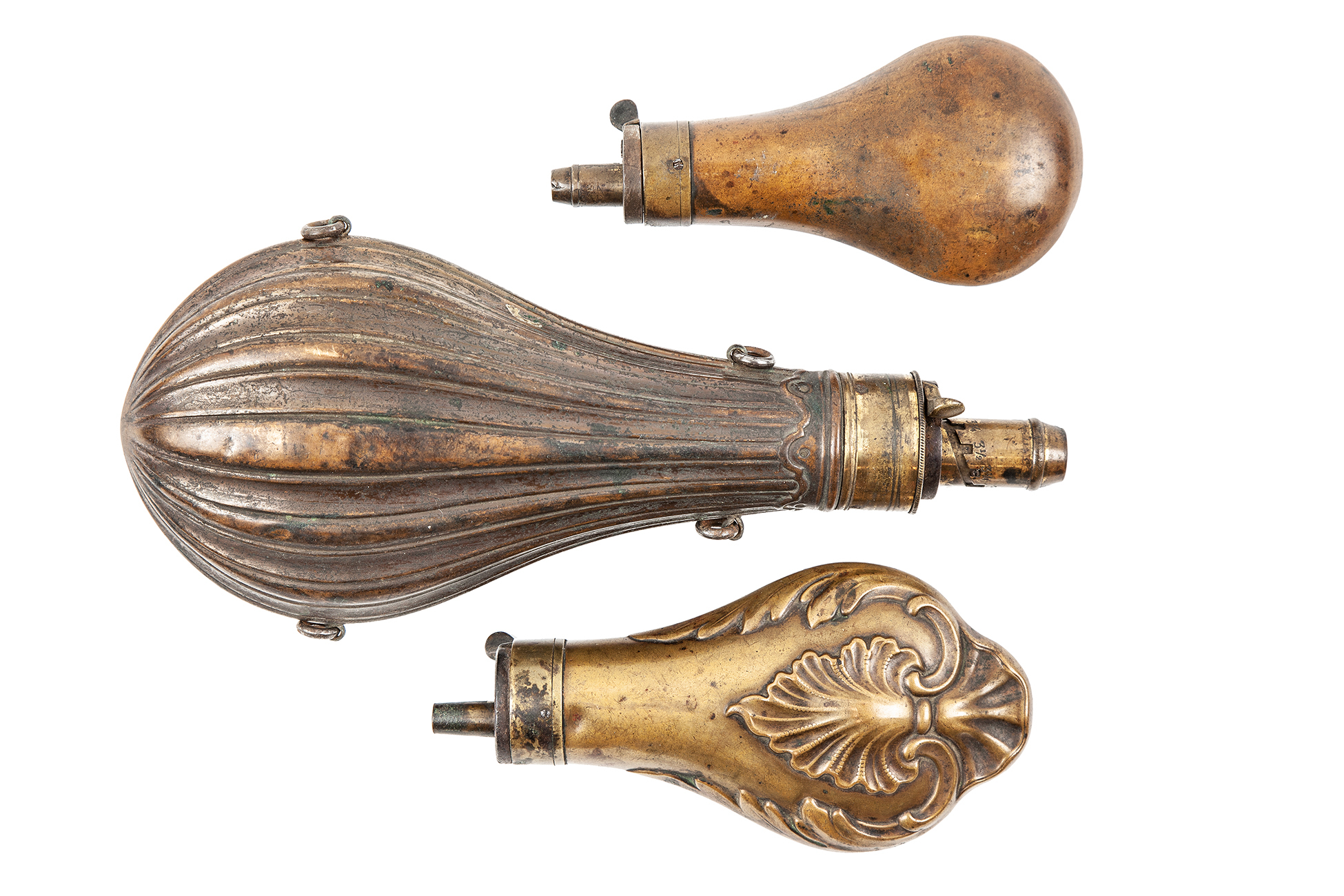 3 Large & Medium Antique Powder Flasks | Witherell's Auction House