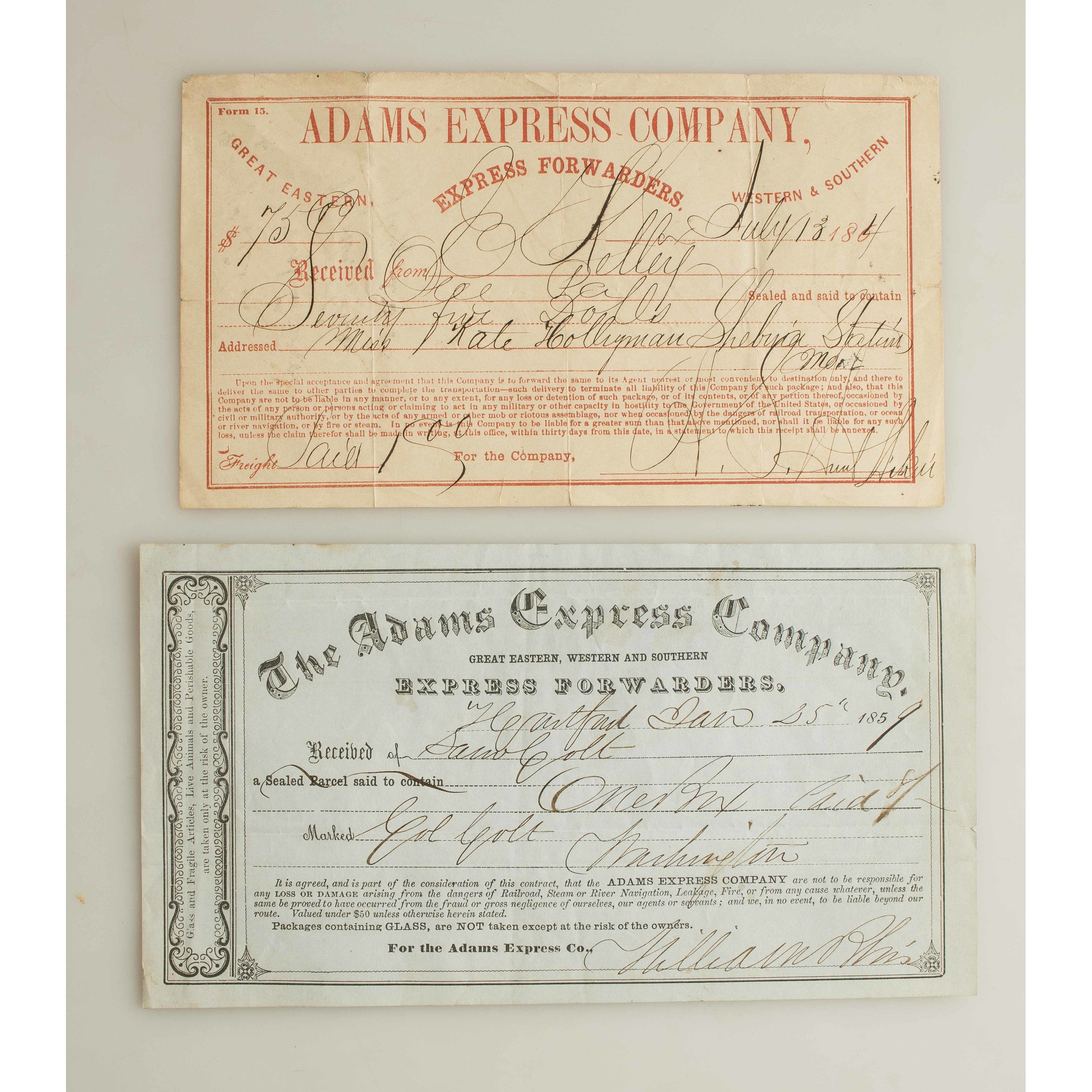 Two Adams Express Company Receipts | Witherell's Auction House