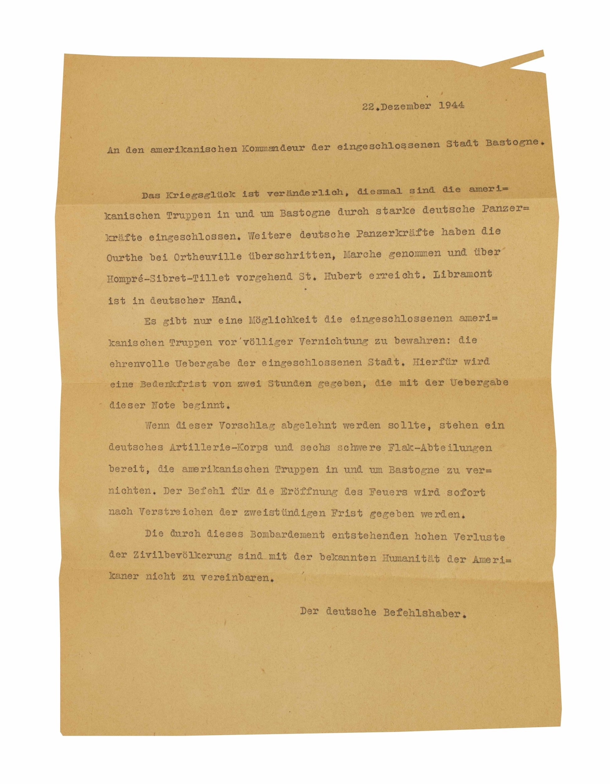 Original German Surrender Offer to General McAuliffe, Bastogne ...