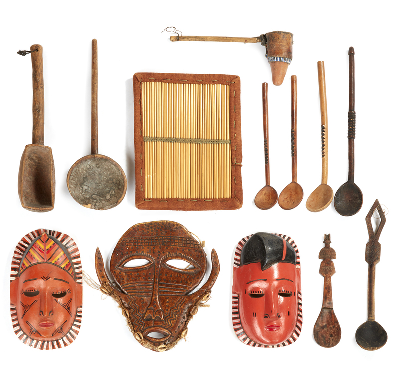 Group of Wood Cooking Utensils, Four Zulu Spoons, a Cow Bone Mask, a ...
